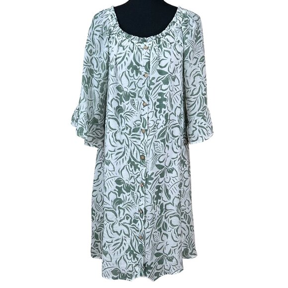 NAIF | Dresses | Naif Green White Rayon Gathered Neckline Bell Sleeve ...